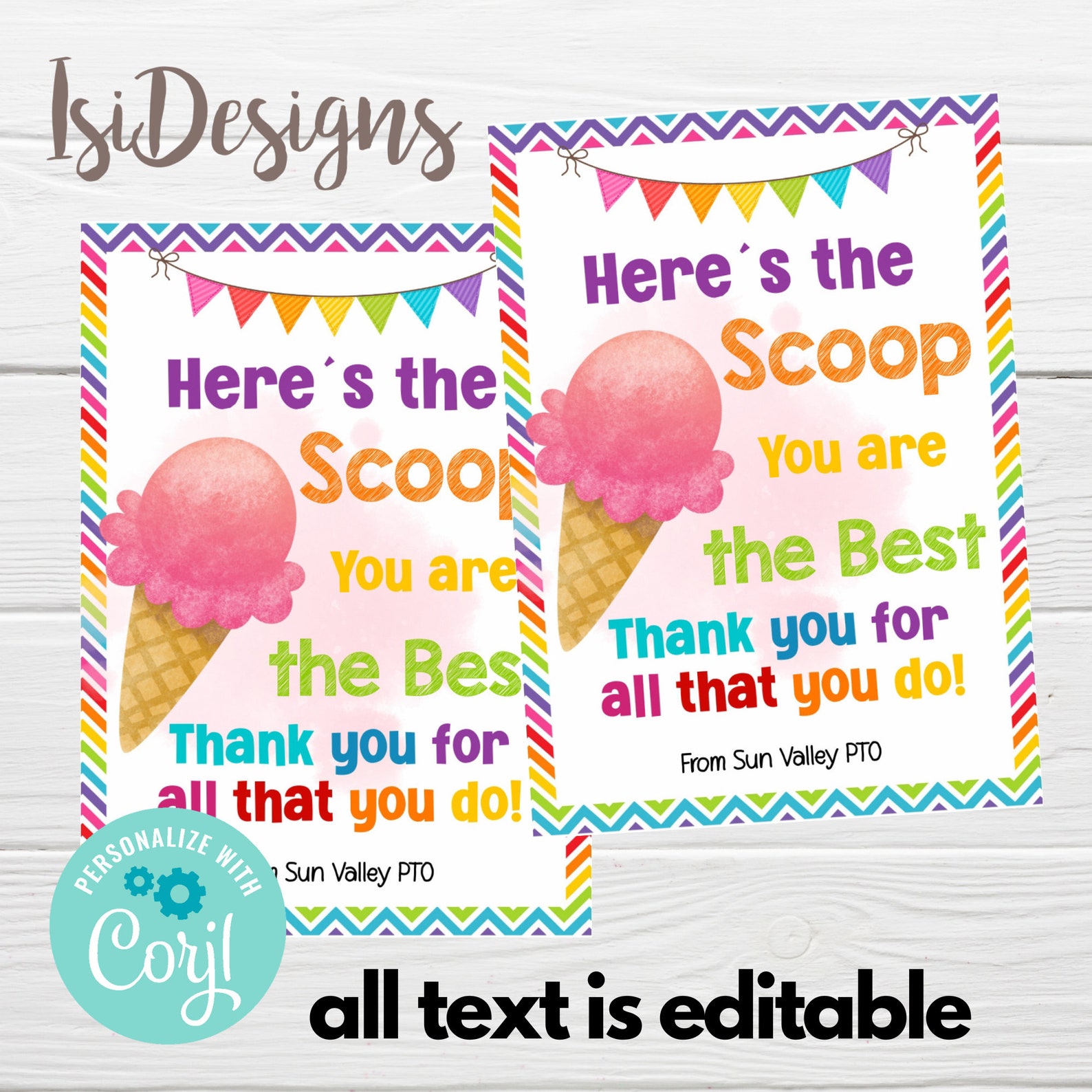 Ice Cream Gift Tag Here's the Scoop Editable Appreciation - Etsy