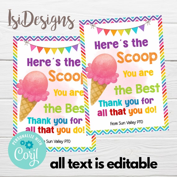 Ice Cream Gift Tag, Here's the Scoop Editable Appreciation Tags ...