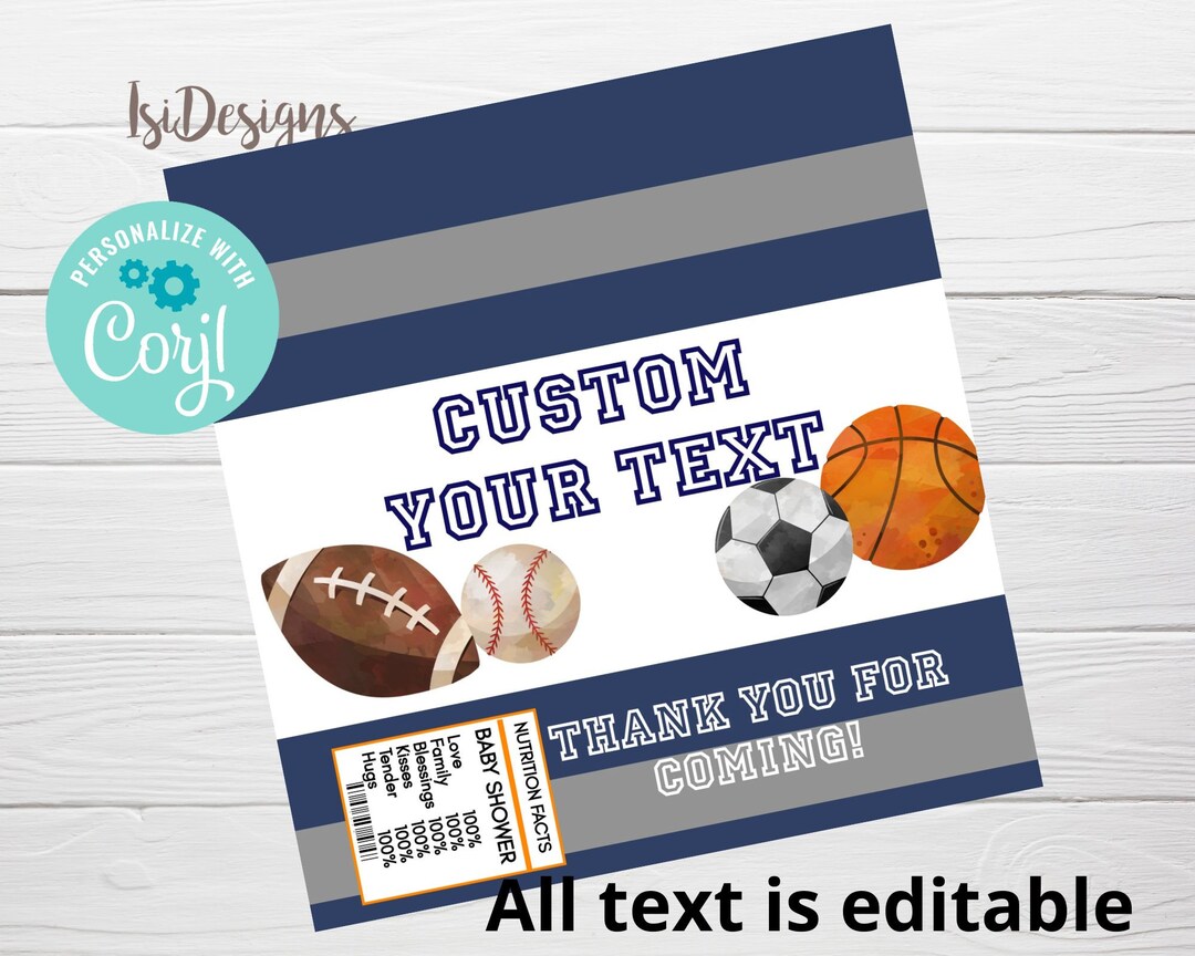 Baby Shower Sports Themed Chocolate Bar Wrapper, Editable Candy Wrapper ...