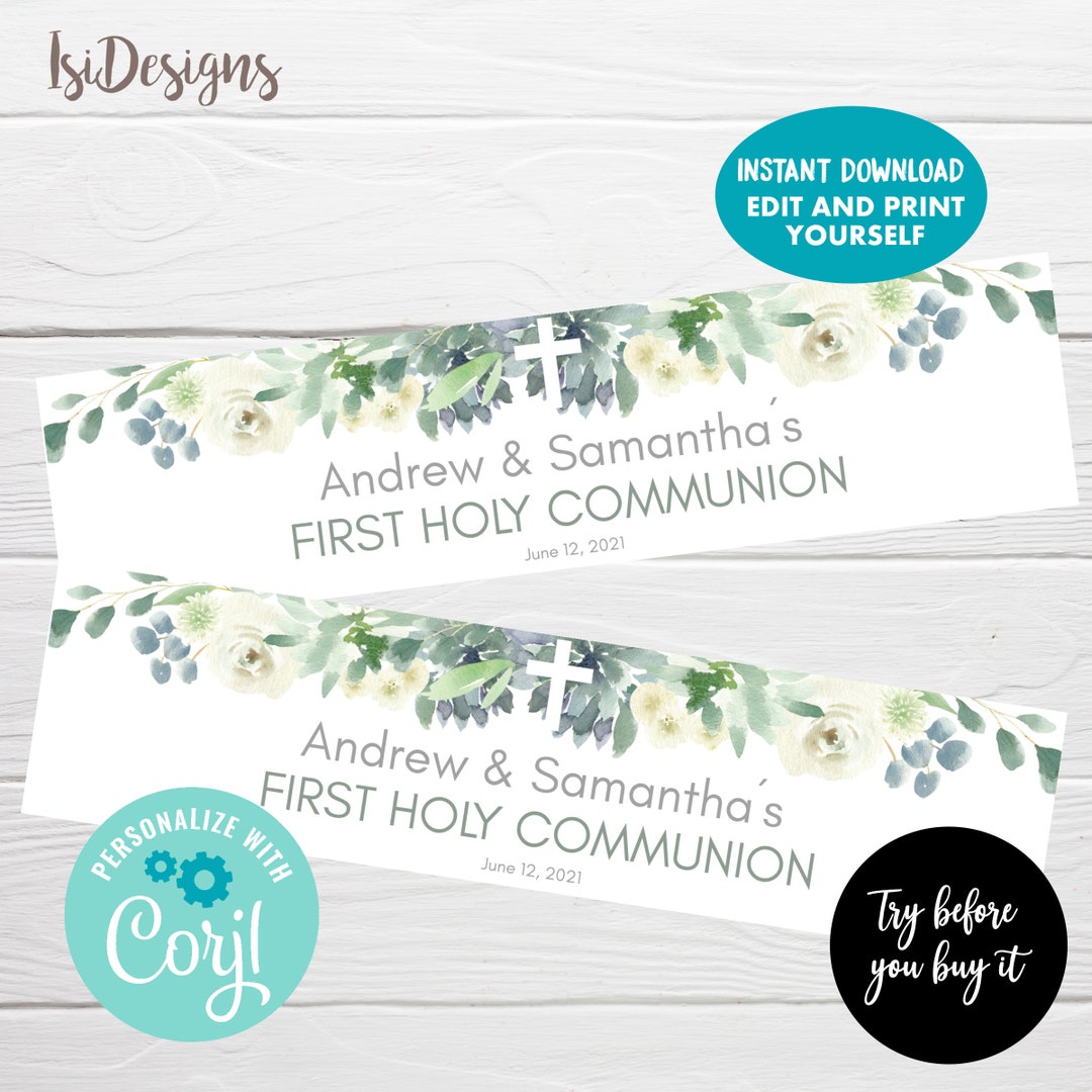 Holy Communion Water Bottle Label, Editable Greenery Communion Favor ...