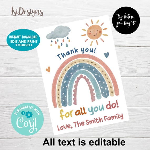 Rainbow Appreciation Tag, Editable PTO/PTA Teacher Nurse Staff ...