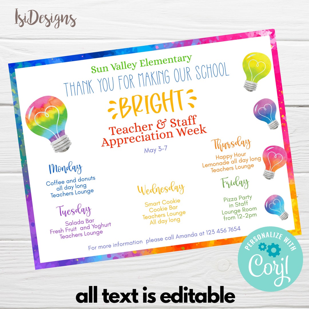 Teacher Week Invitation, Teacher and Staff Appreciation Week Schedule ...