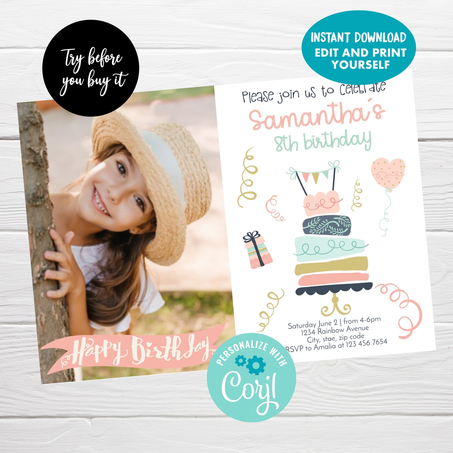 Girl Birthday Invitation, Instant Download, Photo Birthday Cake ...
