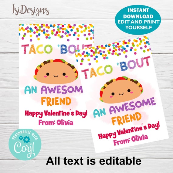 Taco Bout An Awesome Friend Valentine's Day Editable Gift Tag, Instant ...
