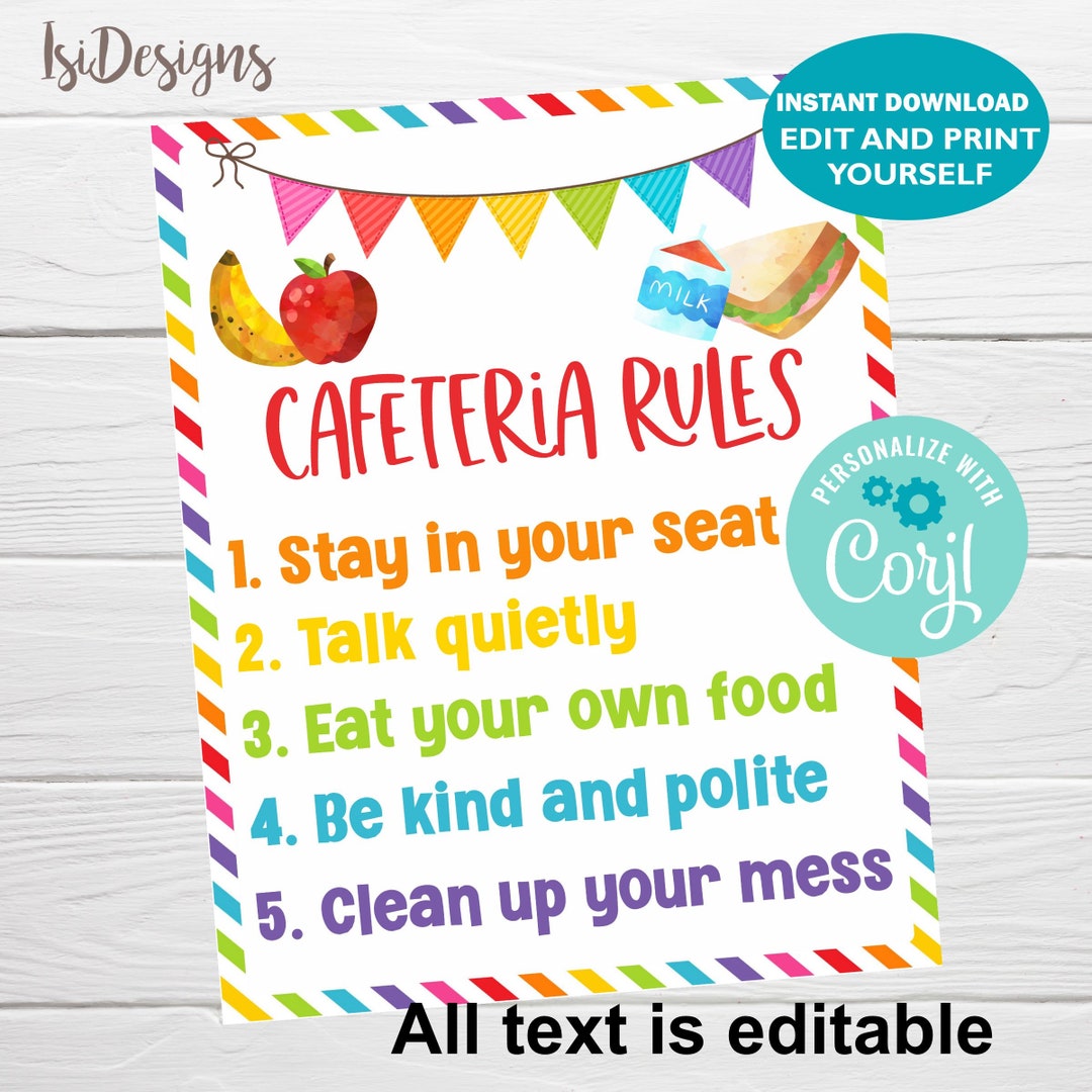 Lunchroom Editable Rules Sign, Instant Download, School Cafeteria ...
