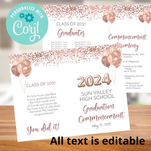Rose Gold Graduation Ceremony Program Editable Template, College ...