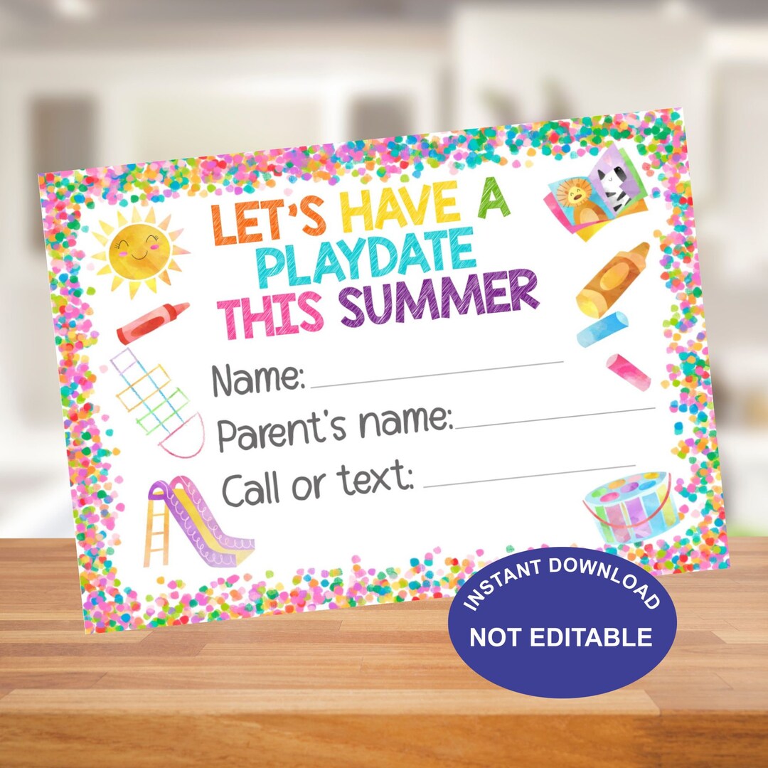 Summer Play Date Contact Printable Cards, Keep in Touch Cards, End of ...