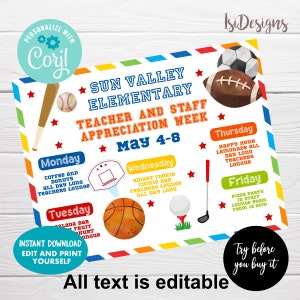 Teacher and Staff Appreciation Week Calendar, Editable Sports Themed ...