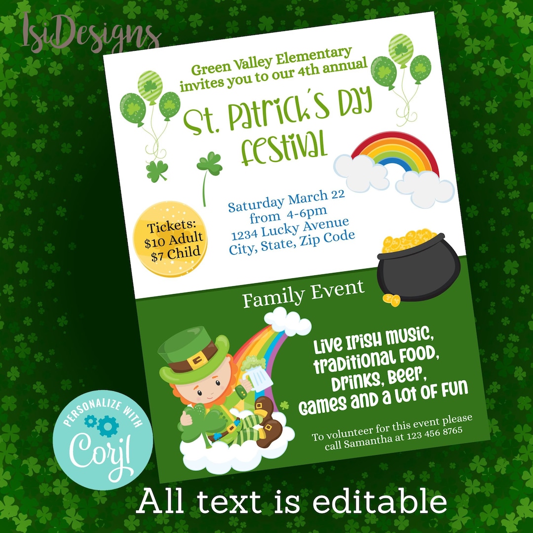 Editable St. Patrick's Day Festival Flyer, PTA PTO, Church Community ...