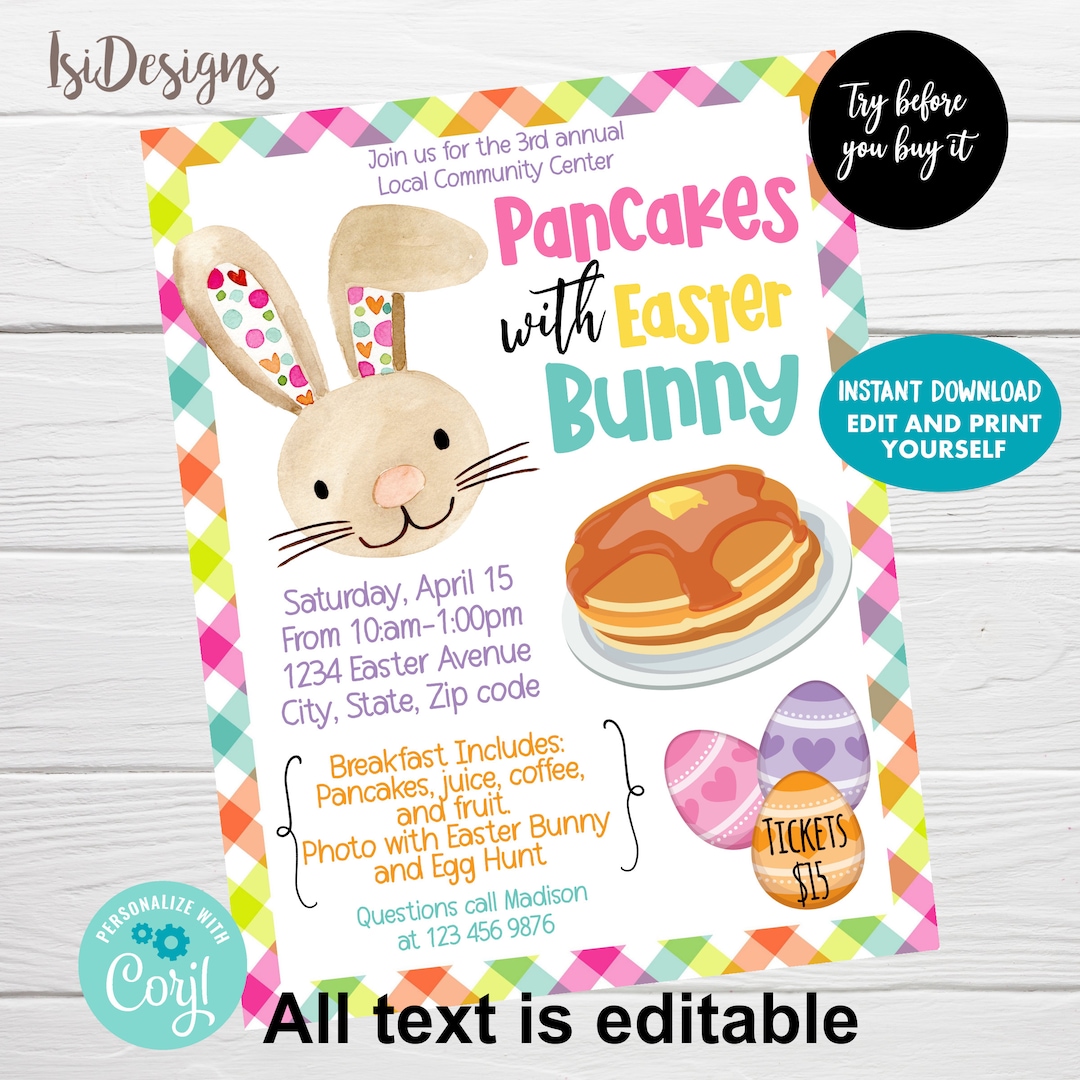 Pancakes With Easter Bunny Editable Flyer, Instant Download, Easter ...