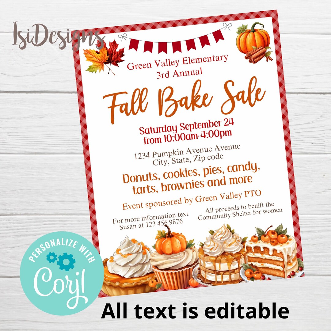 Fall Fundraiser Bake Sale Flyer, Editable Fall Festival Invitation ...