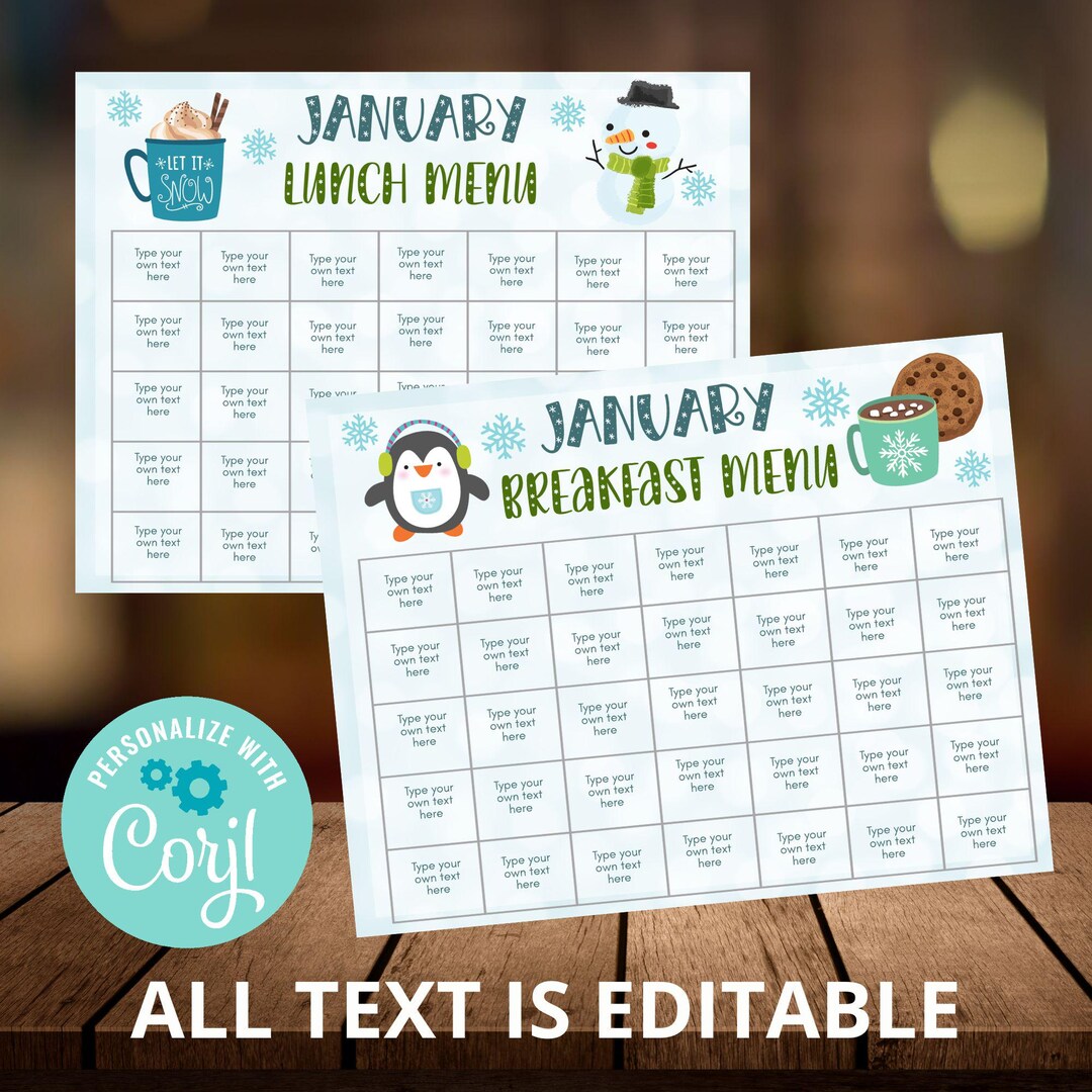January Printable Lunch Planner | Monthly School and Family Menu ...