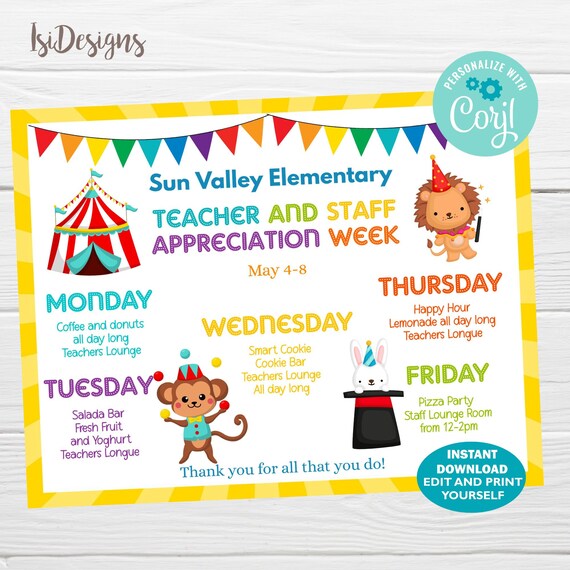 Circus Themed Teacher Appreciation Week Invitation, Editable School ...