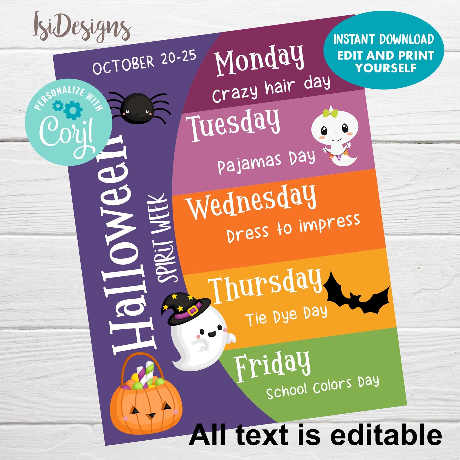 Halloween Spirit Week Editable Itinerary Schedule, October Daily Weekly ...