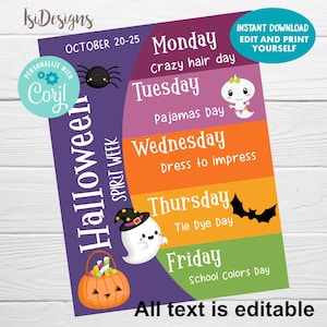 Halloween Spirit Week Editable Itinerary Schedule, October Daily Weekly ...