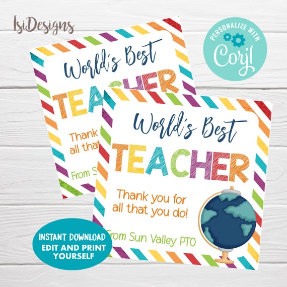 Teacher Appreciation Week Gift Tag, World Best Teacher Editable Favor ...