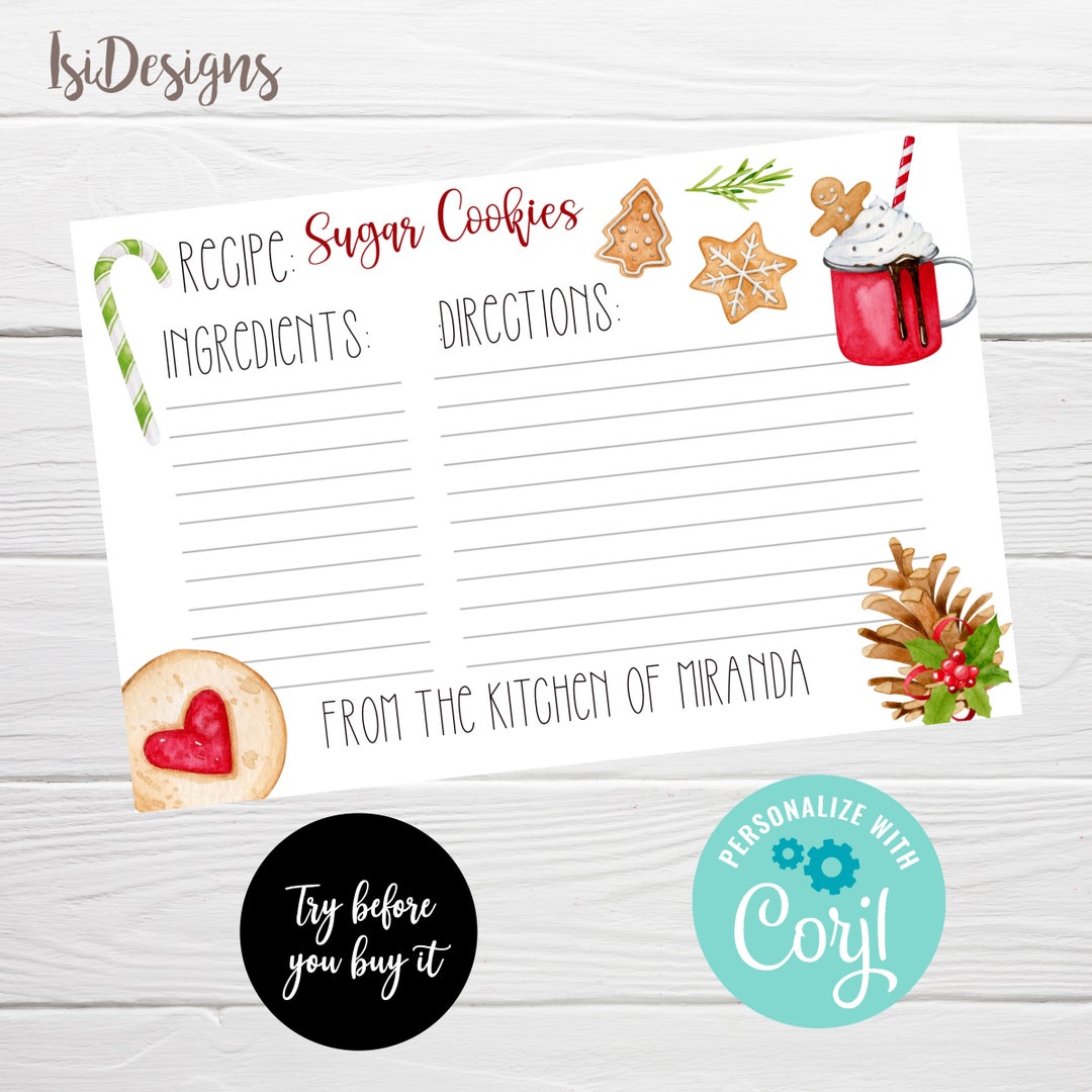 Christmas Recipe Card, Instant Download, Editable Holiday Cookie ...