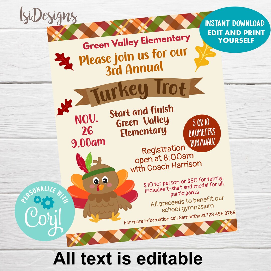 Turkey Trot EDITABLE Flyer, Fall Walk Run Event, School Fundraiser ...