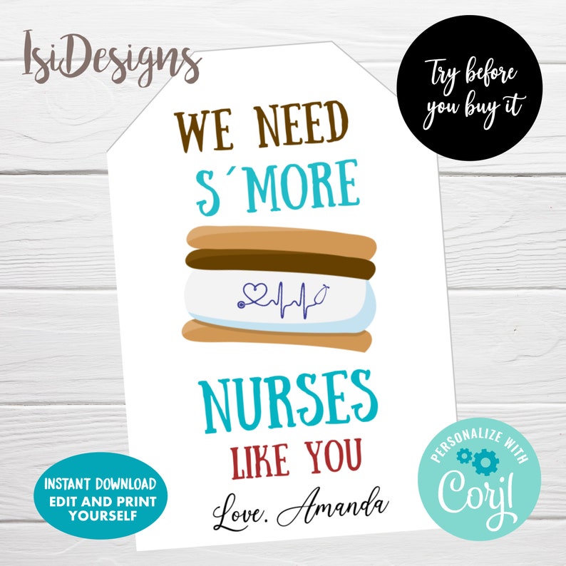 S'more Nurse Gift Tag, Editable Nurse Favor Tags, Instant Download, We ...