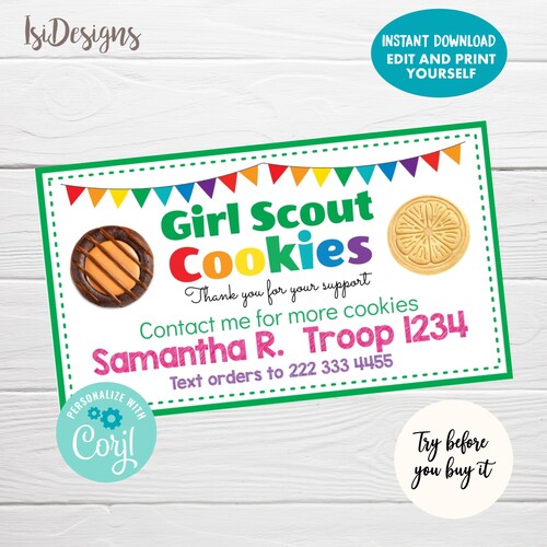 Girl Scout Cookie Seller Business Card Instant Download - Etsy