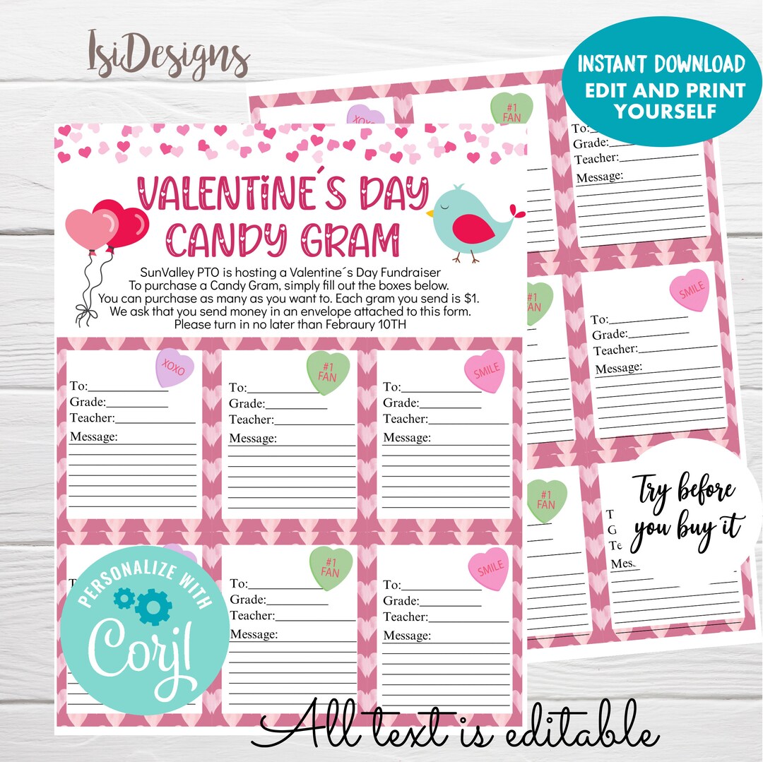 Candy Gram Flyer, Editable Valentine's Day Candy Fundraiser, Church ...