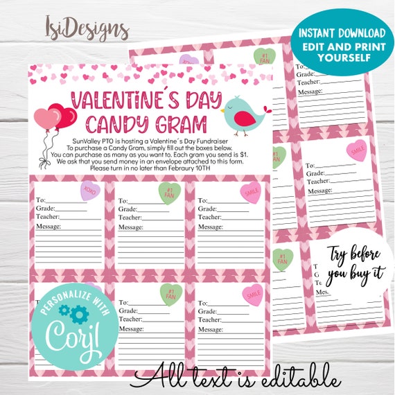 Candy Gram Flyer, Editable Valentine's Day Candy Fundraiser, Church ...