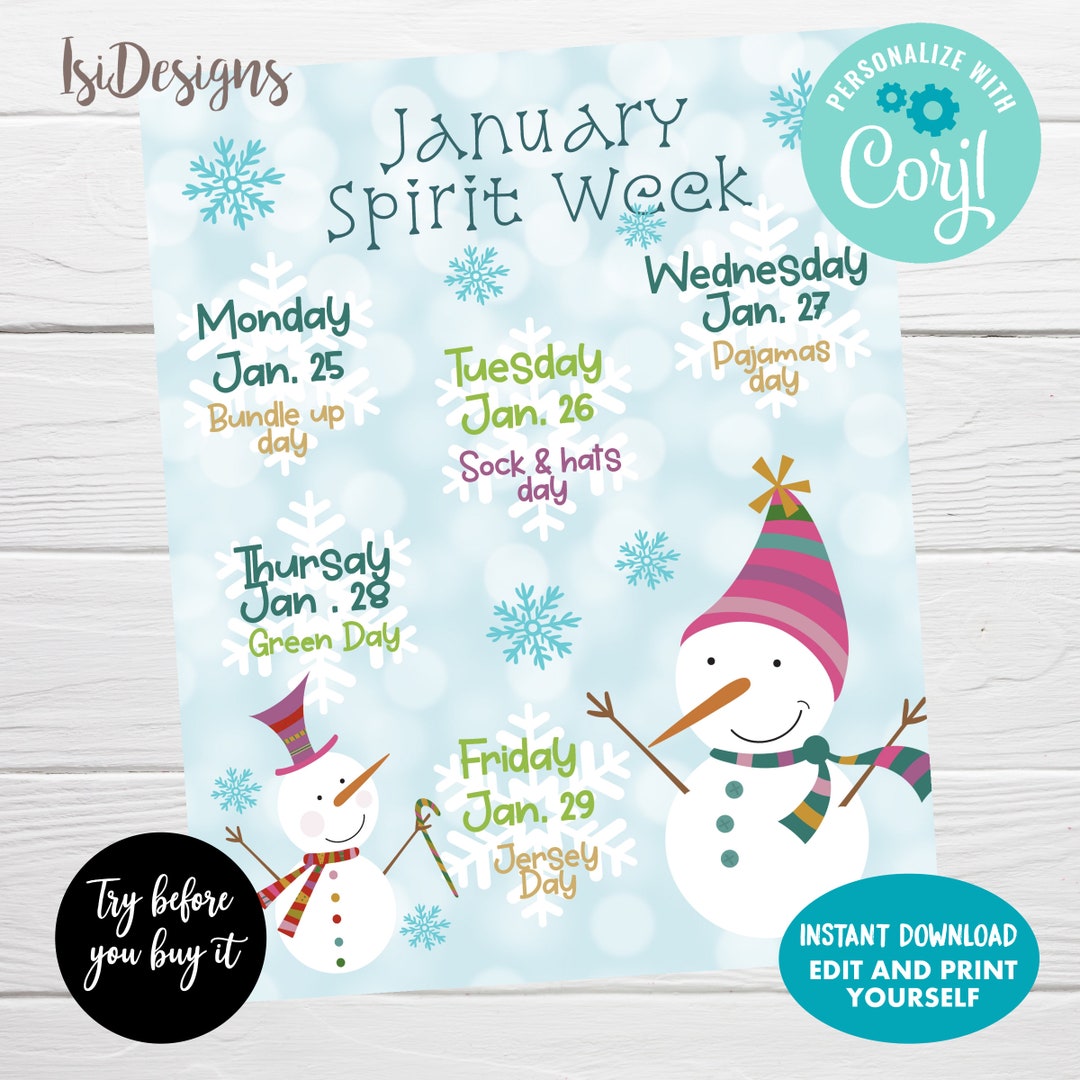 Winter Spirit Week Planner, Editable Week Schedule, January Event Flyer ...