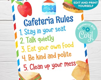 Editable School Cafeteria Rules Sign, Lunchroom Decor, Cafeteria Wall ...