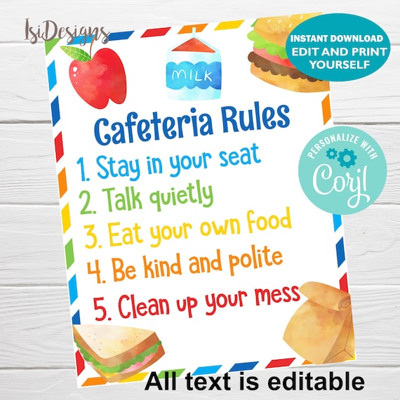 School Cafeteria Editable Rules Sign Instant Download - Etsy