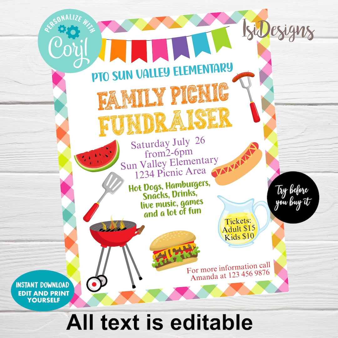 BBQ Picnic Party Flyer, Editable School Fundraiser Flyer, Teacher ...
