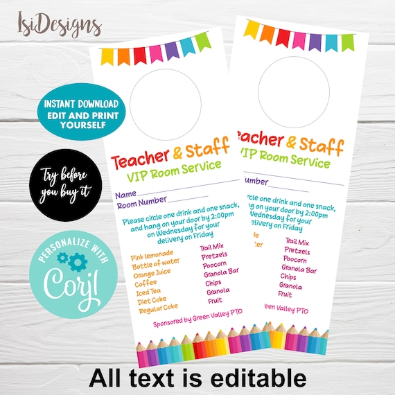 Teacher & Staff VIP Room Service Door Hanger, Instant Download ...