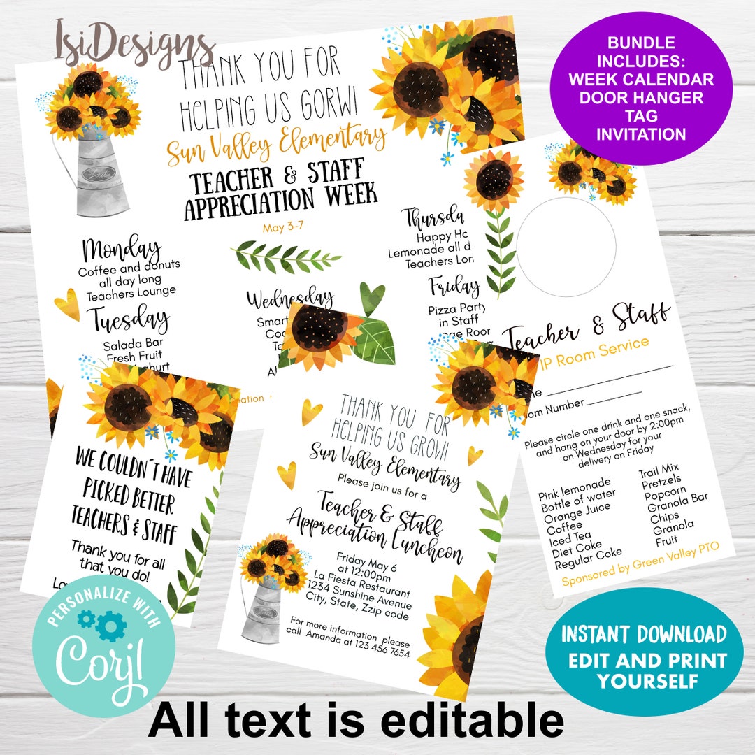 Teacher Appreciation Week Editable Bundle, Instant Download, Sunflower ...