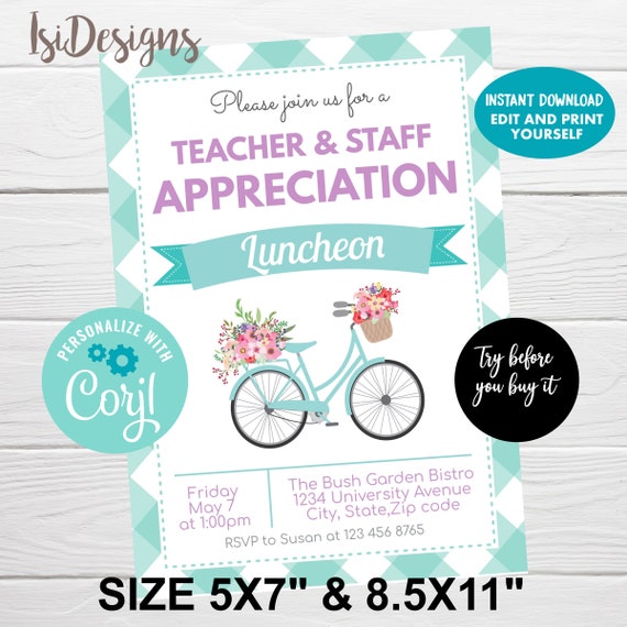 Teacher and Staff Appreciation Luncheon Invitation, Editable PTA School ...