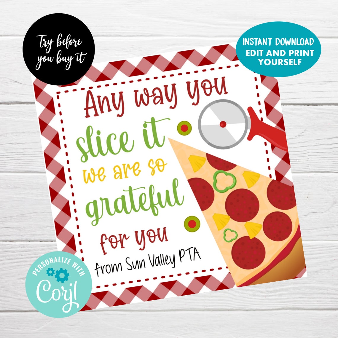 Pizza Gift Tag Teacher Appreciation, Instant Download, Editable PTO PTA ...