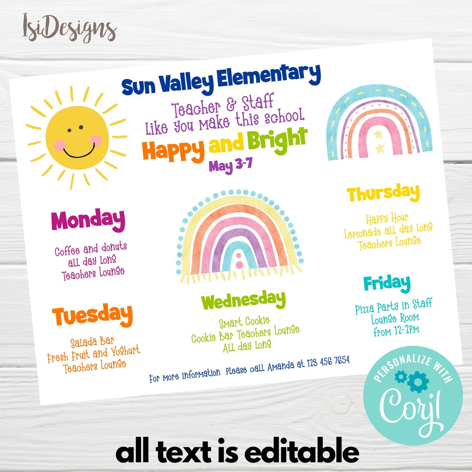 Teacher Appreciation Week Itinerary Editable Rainbow Teacher - Etsy