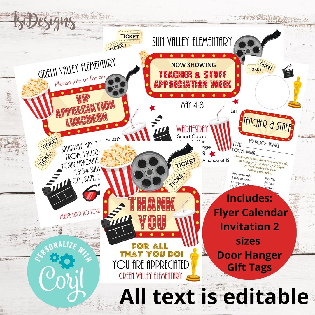 Appreciation Week Editable Bundle, Instant Download, VIP Movie Themed ...