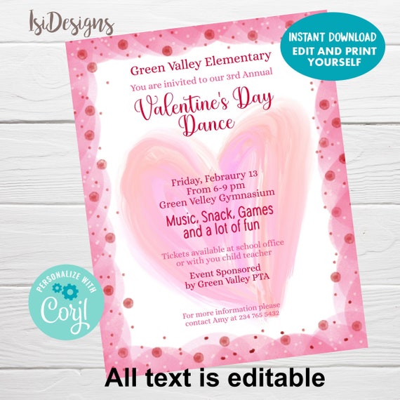 Valentine's Day Dance, Editable School Dance Party Invitation, School ...