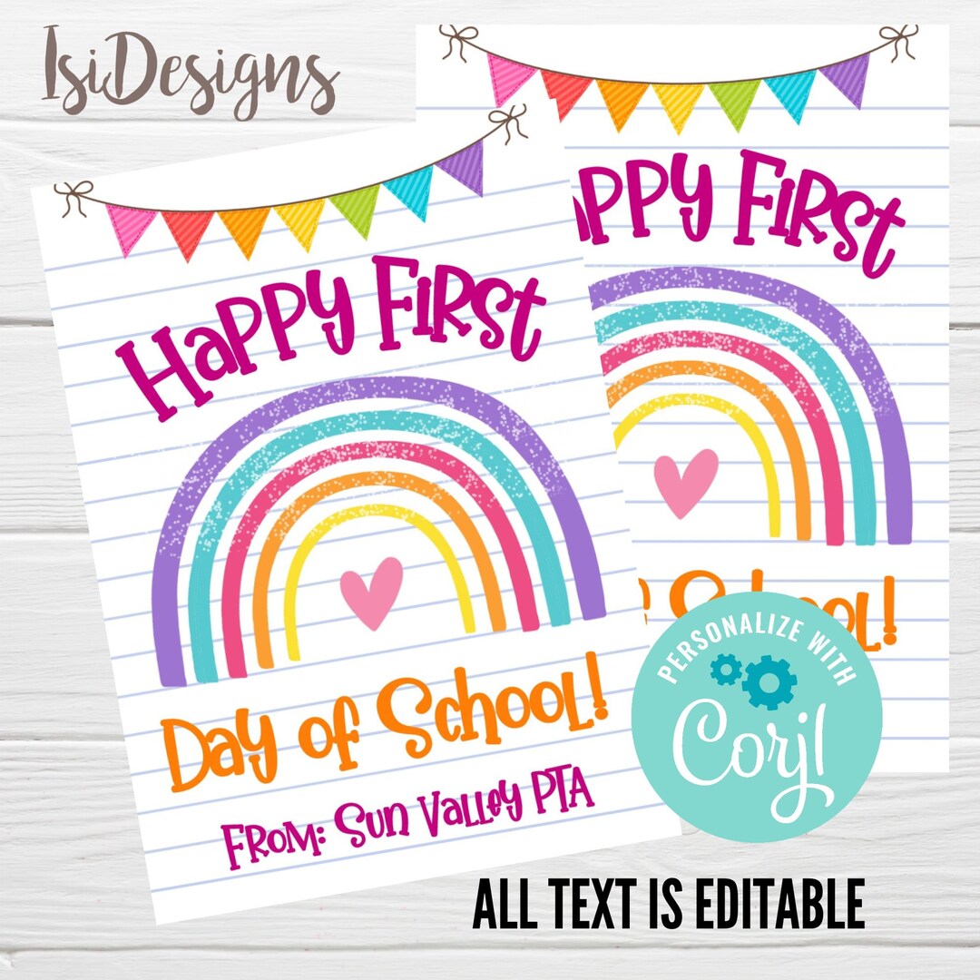 Editable First Day of School Gift Tag, School Boho Rainbow Tag, Happy ...