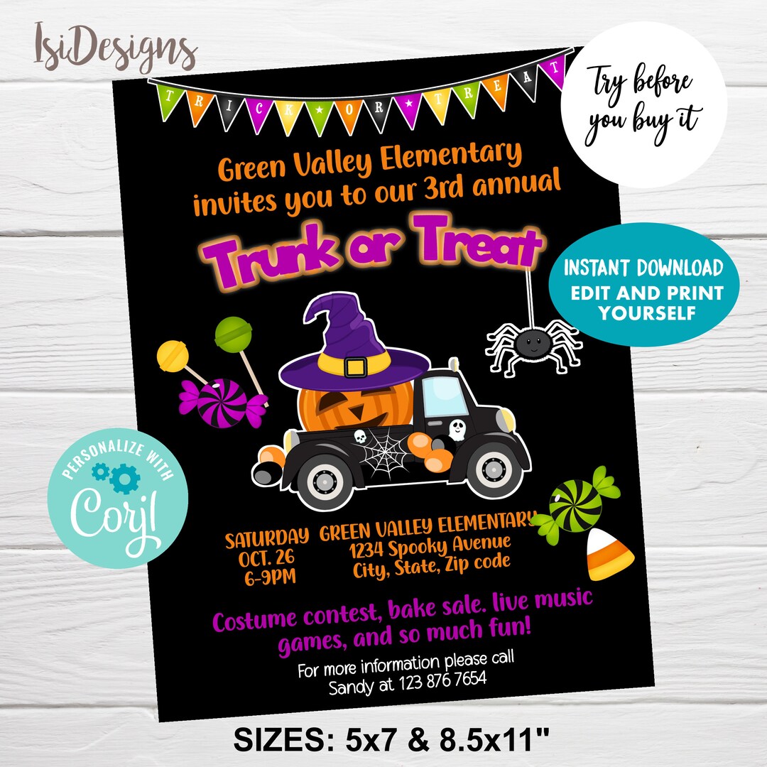 Trunk or Treat Halloween Event Editable Flyer PTO / PTA - Etsy