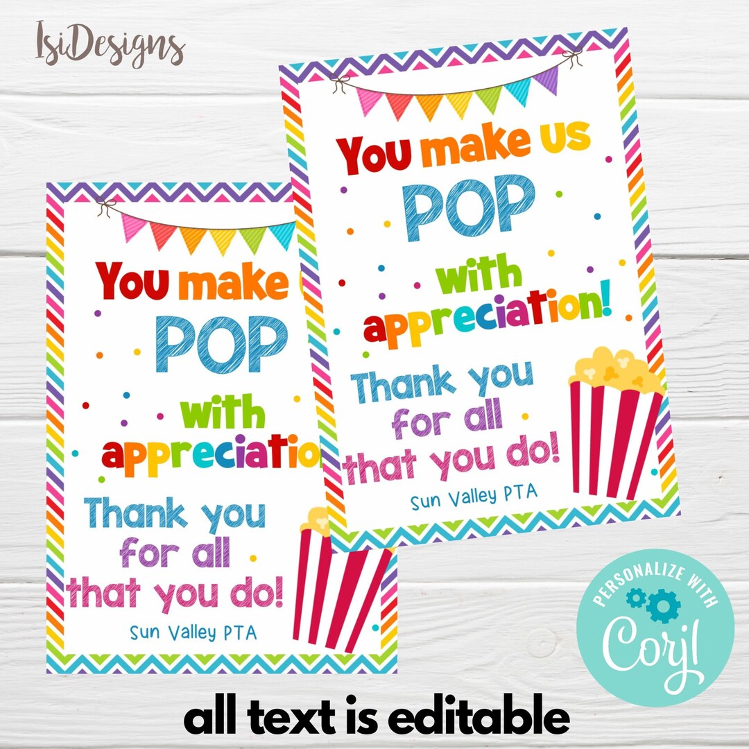 Popcorn Gift Tag, Editable Pop With Appreciation Tags, Thank You Gift ...