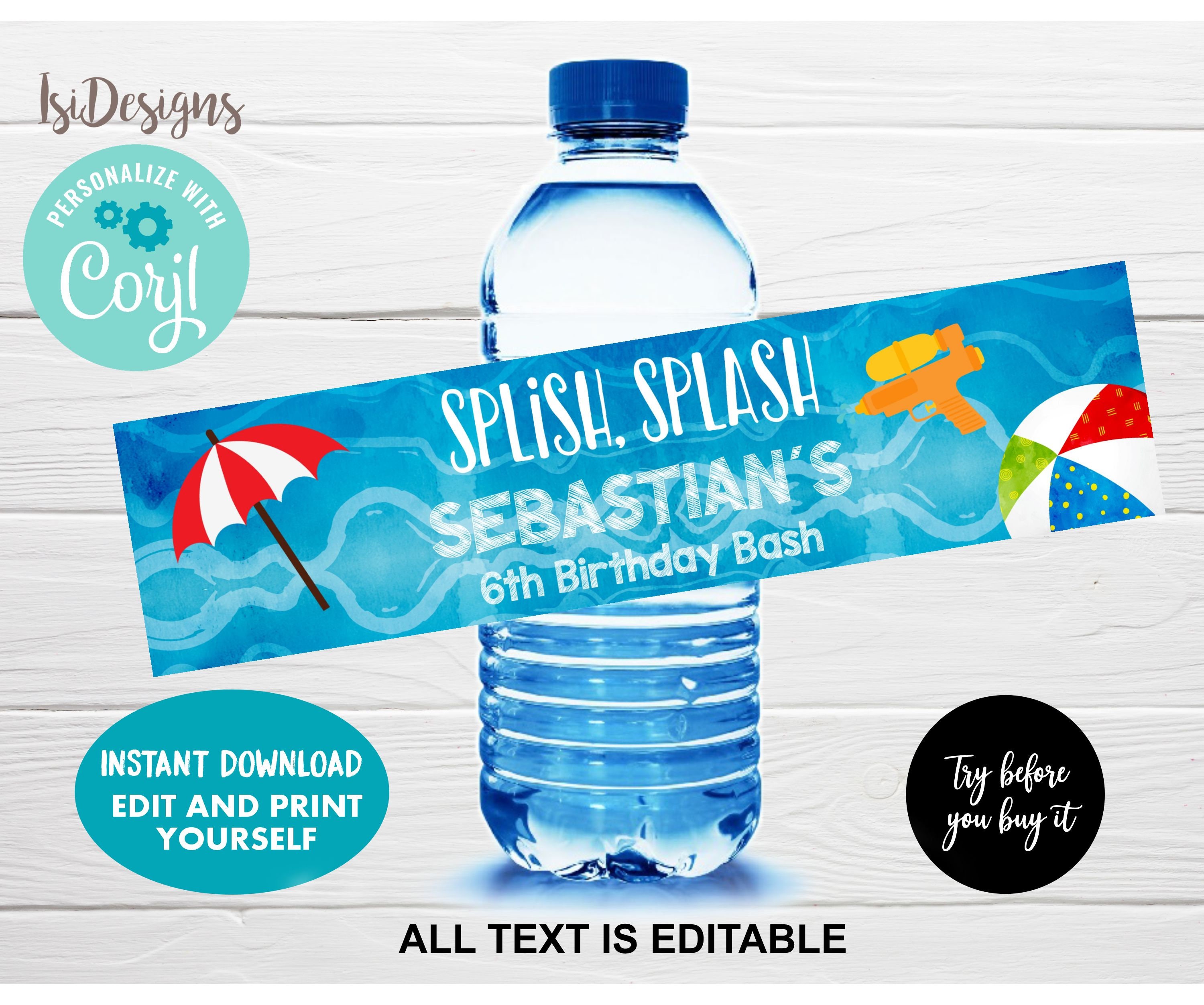Pool Party Water Bottle Label, Instant Download, Editable Swimming ...