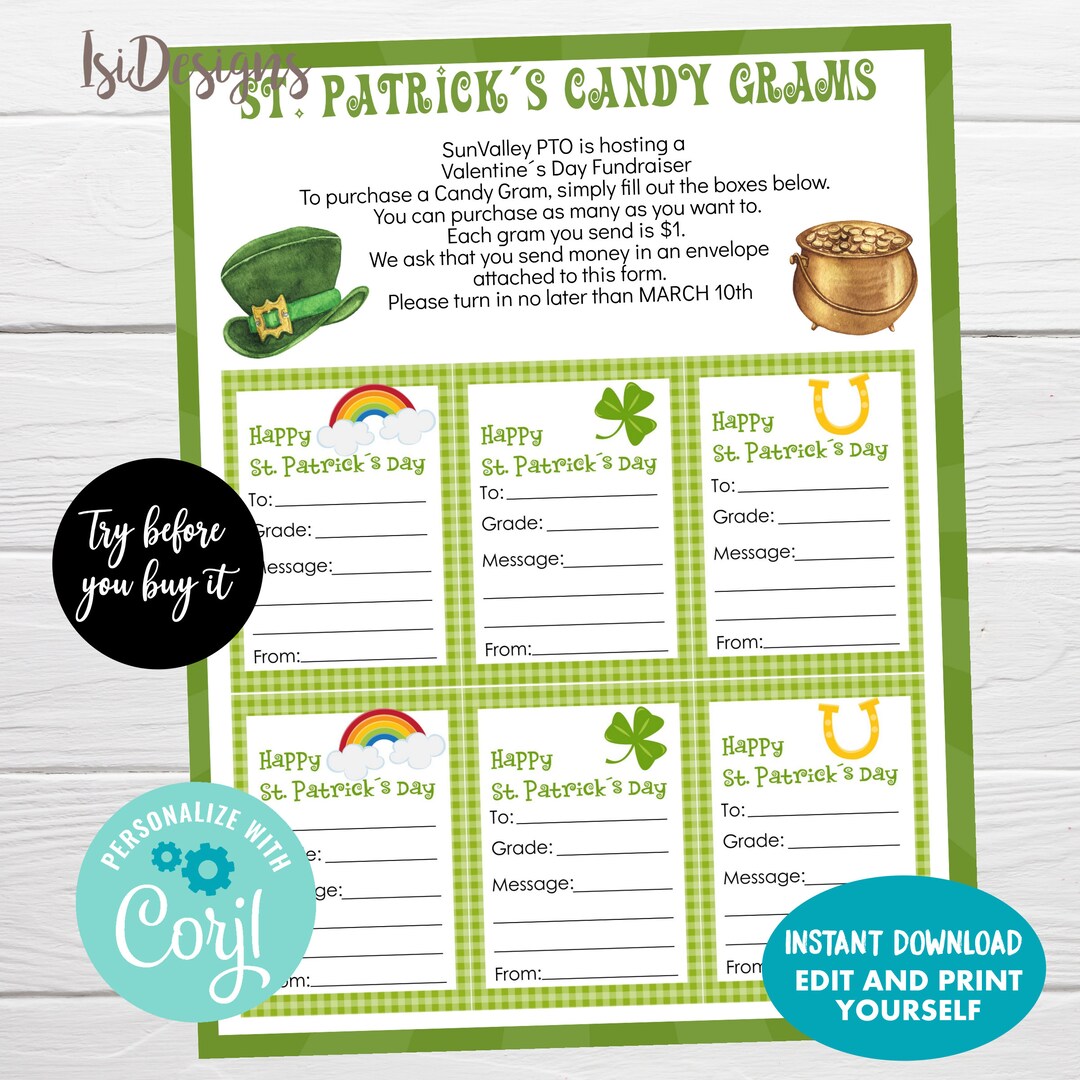Editable St. Patrick's Day Candy Gram Flyer, PTO / PTA School ...