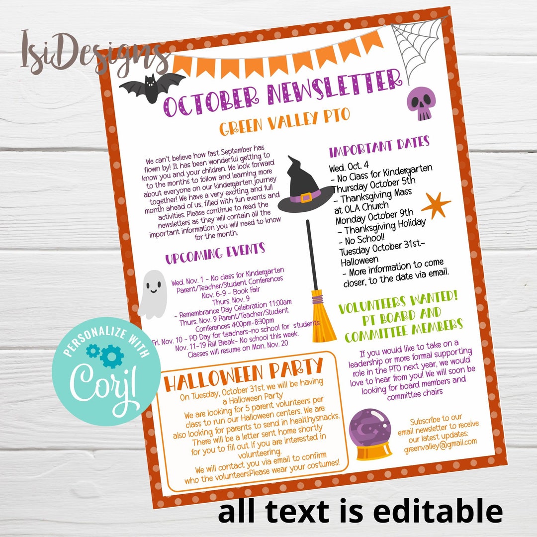 October School Newsletter, Editable Monthly Newsletter, PTA PTO School ...