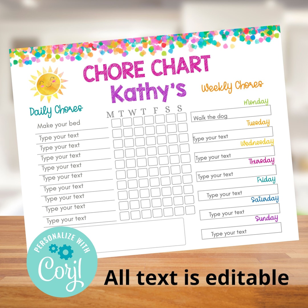 Editable Weekly Chore Chart for Kids, Printable Responsibility Chart ...