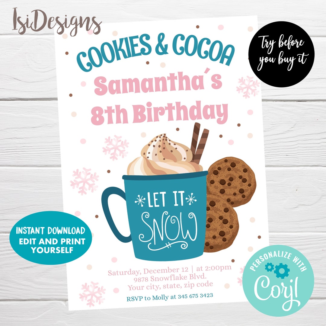 Editable Cookies and Cocoa Birthday Invitation, Instant Download - Etsy