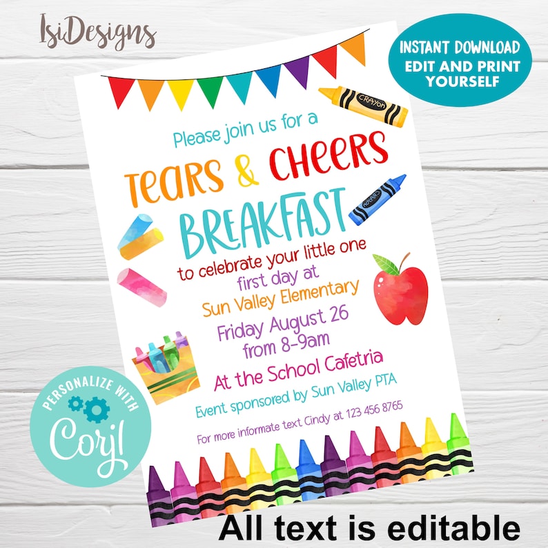 Editable Tears and Cheers Breakfast Invitation, PTO/PTA First Day of ...