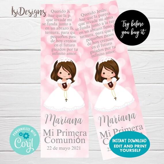 First Holy Communion Bookmark Favors, Editable Communion Favors, Pink ...