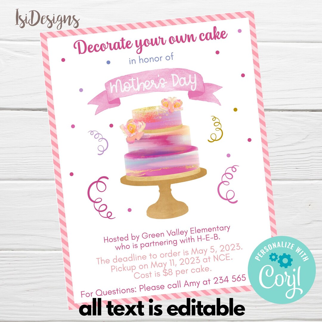 EDITABLE Mother's Day Fundraiser Event Flyer, PTA/PTO Mother's Day Cake ...