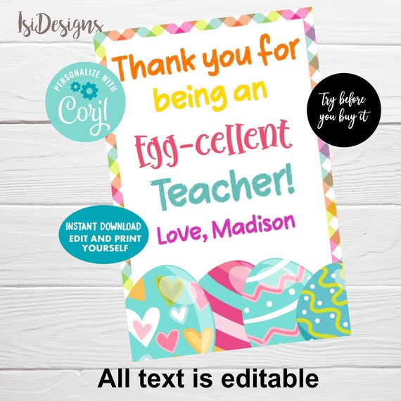 Easter Teacher Appreciation Editable Tag, Eggcellent Teacher Gift Tags ...