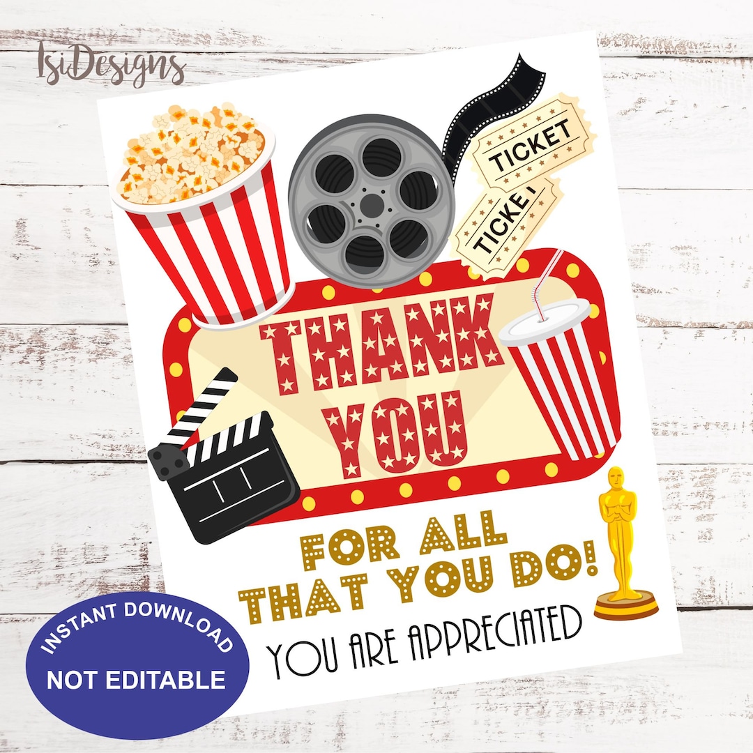 Thank You Appreciation Sign, Movie Themed Printable Teacher & Staff ...